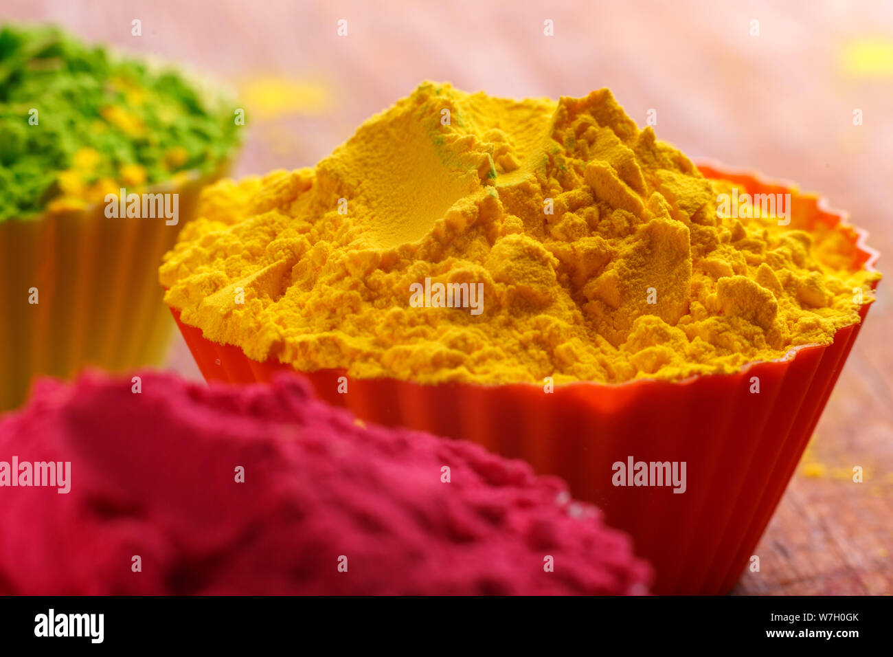 Holi color powder. Organic Gulal colours in bowl for Holi festival ...