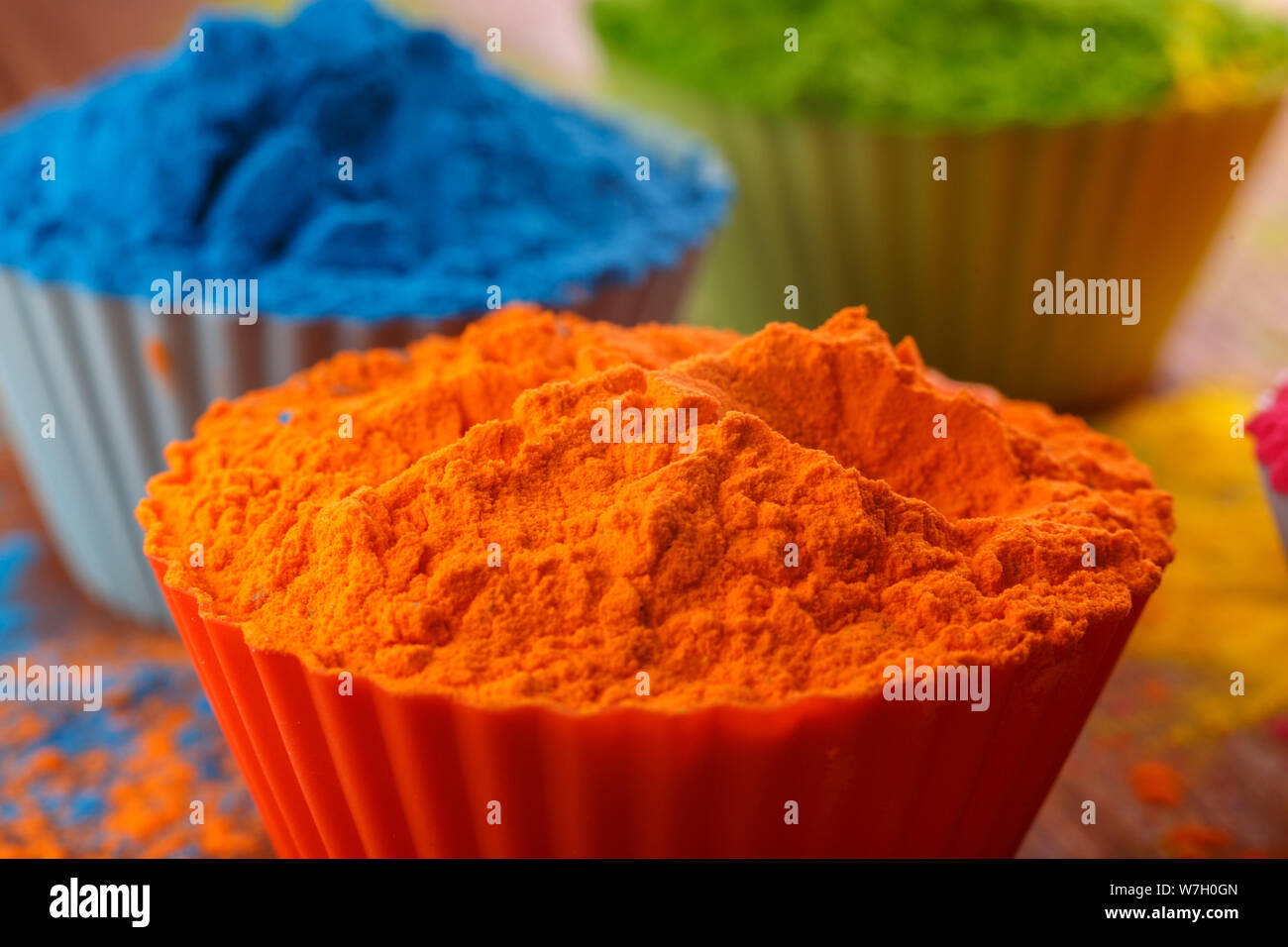 Holi color powder. Organic Gulal colours in bowl for Holi festival ...