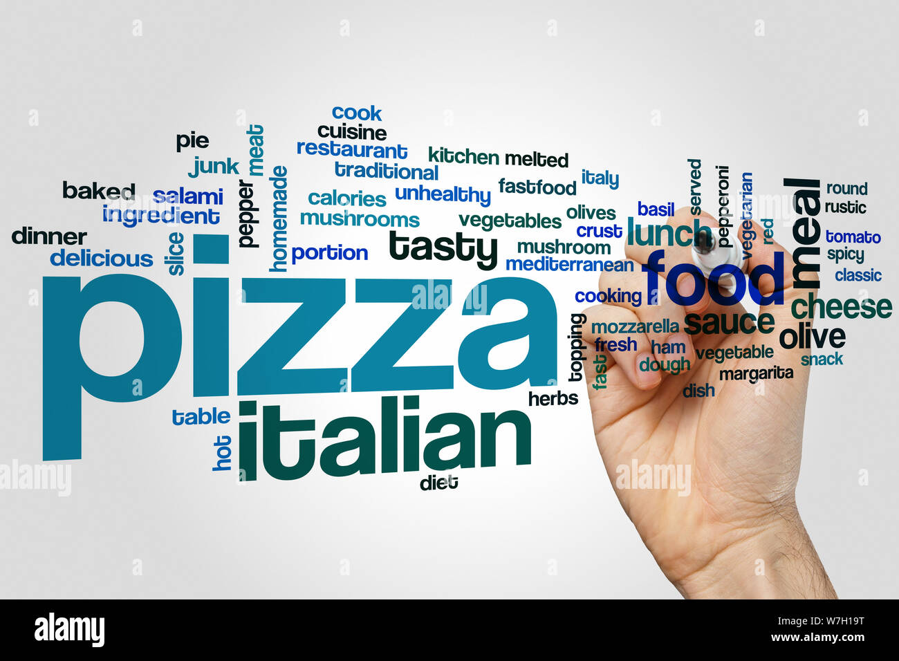 Pizza word cloud concept with italian food related tags Stock Photo - Alamy