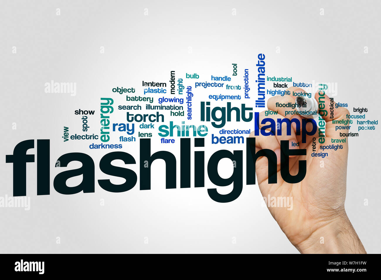 Flashlight word cloud concept with lamp shine related tags Stock Photo ...