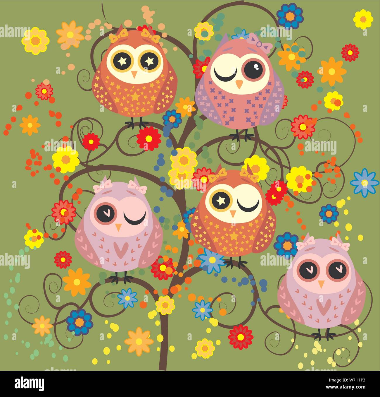 Cartoon Owls In Trees