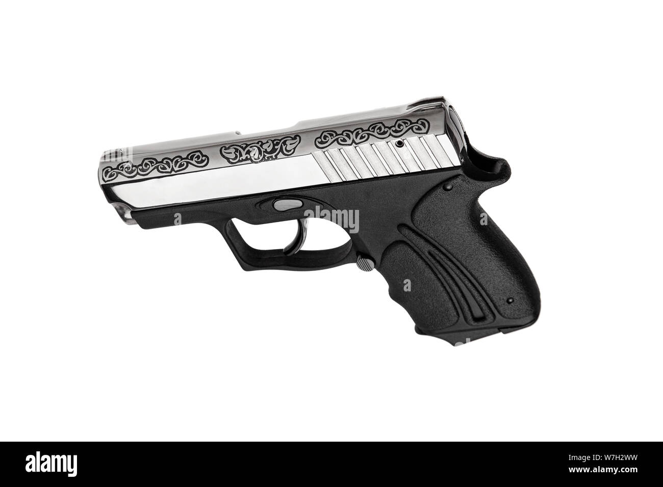 A small silver-black pistol with a pattern on the body. Gift weapon ...