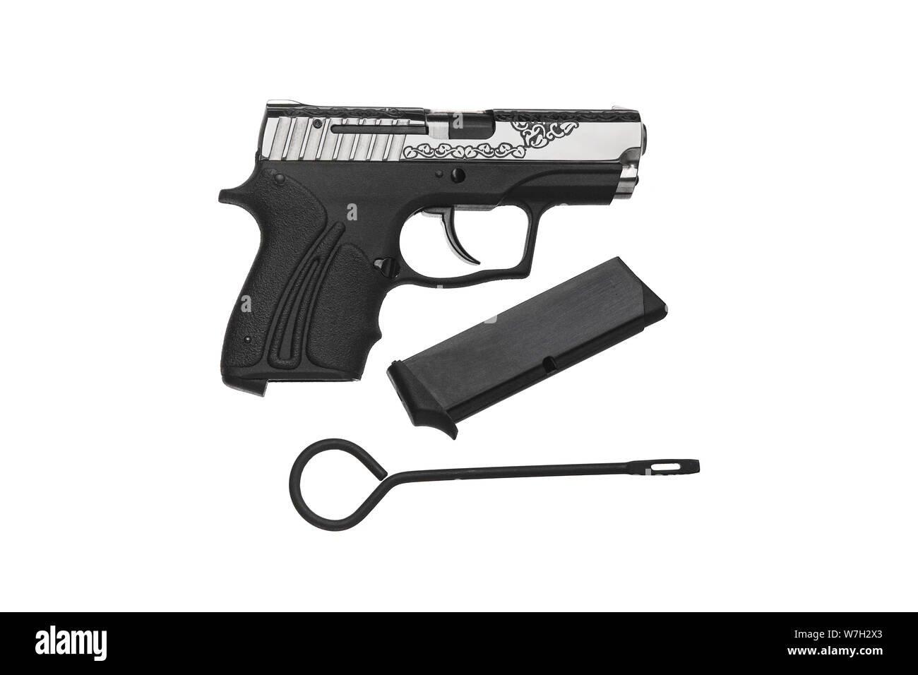 A small silver-black pistol with a pattern on the body. Gift weapon ...