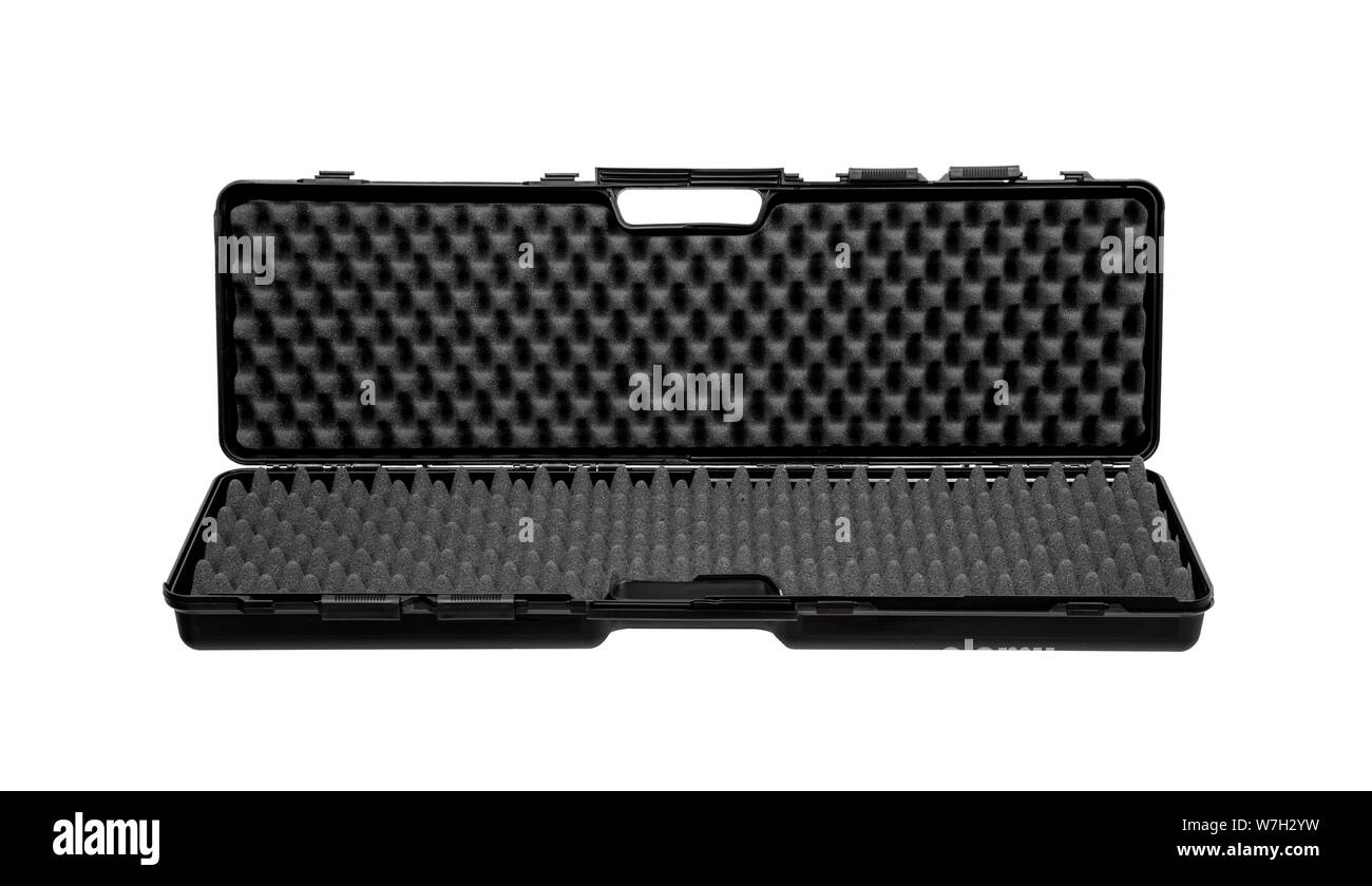 Open black plastic case with foam inside. Weapon case isolate on white ...
