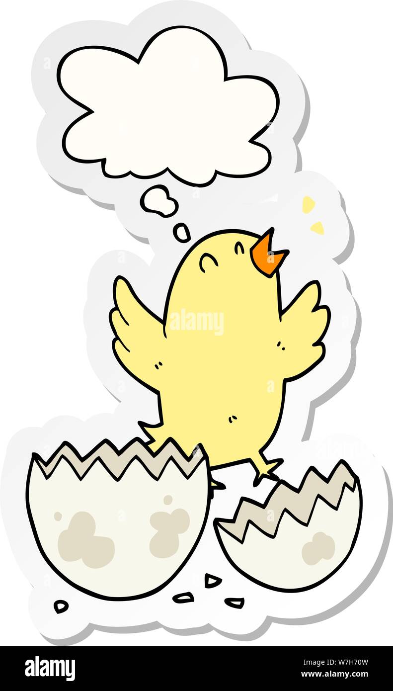 cartoon bird hatching from egg with thought bubble as a printed sticker ...