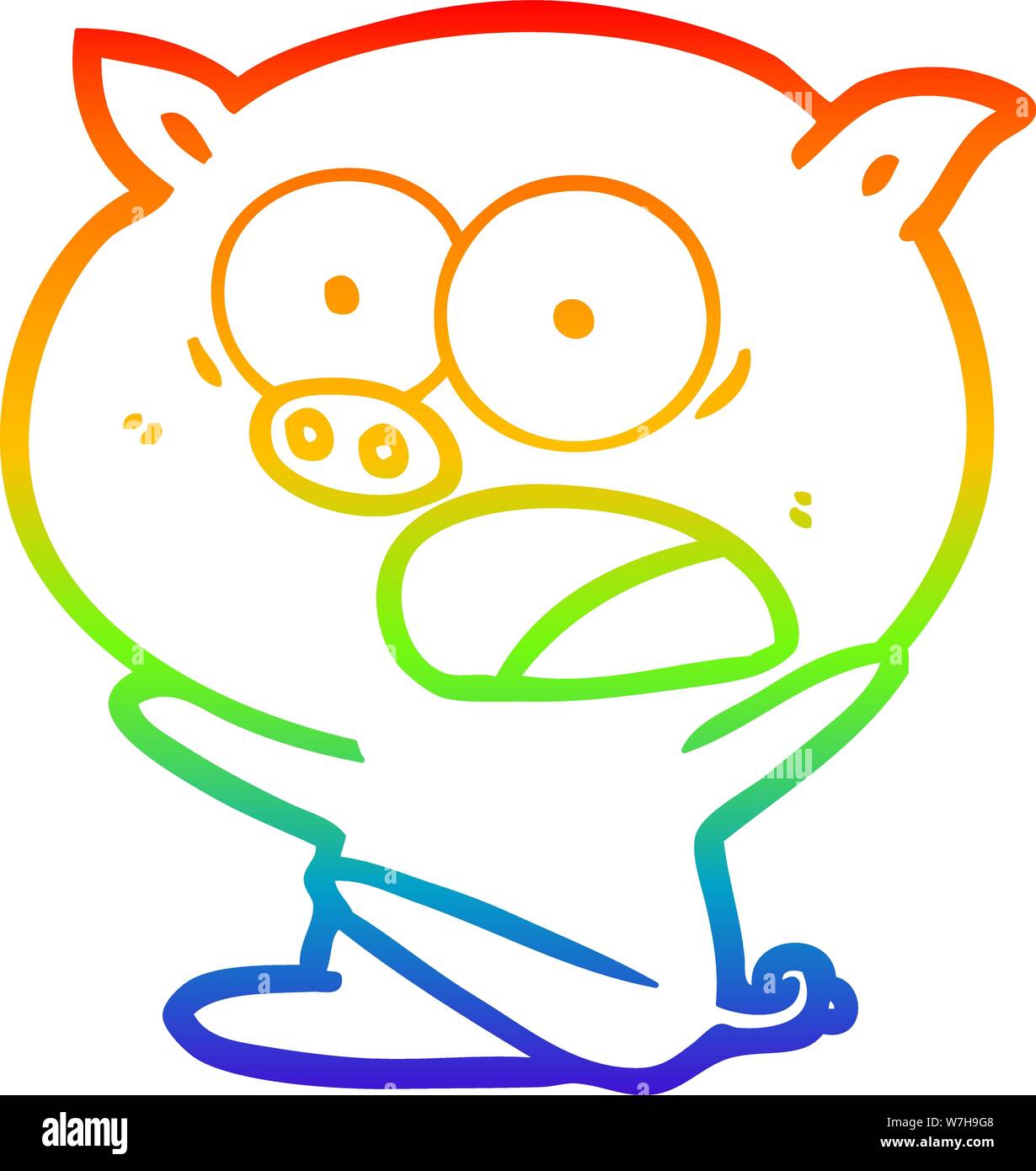 rainbow gradient line drawing of a shocked cartoon pig sitting down ...
