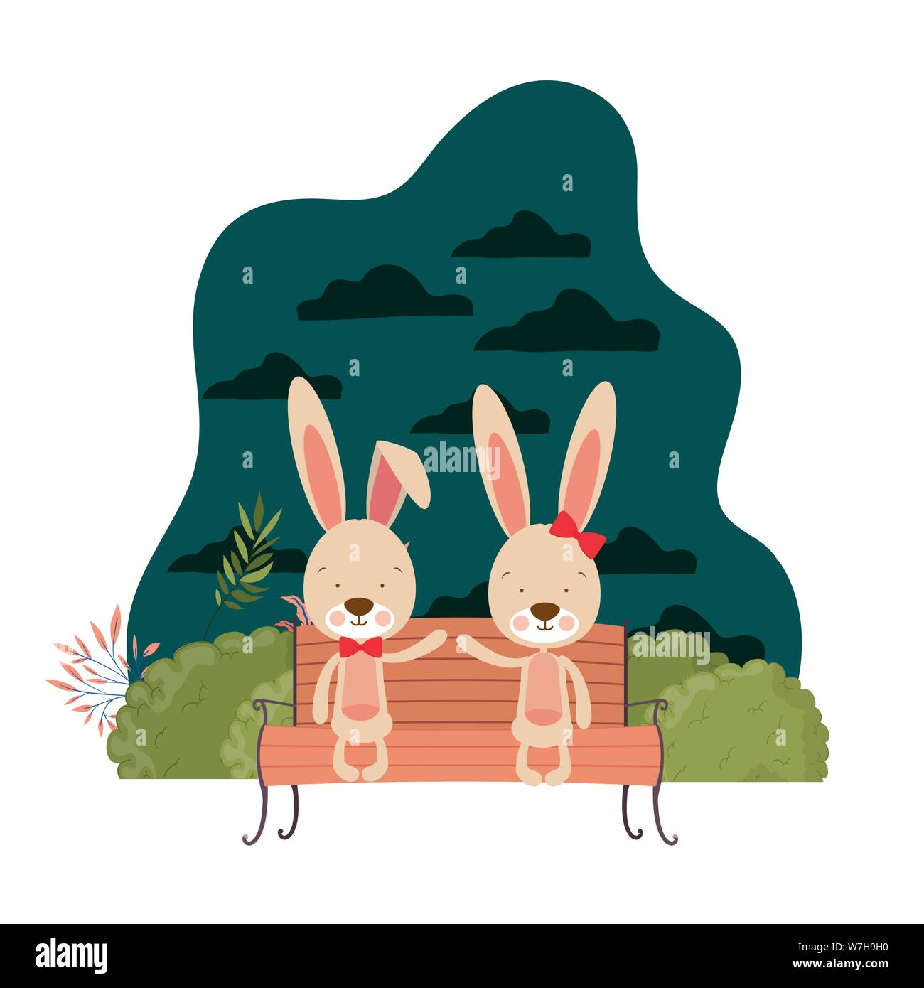 cute couple of bunnies sitting on park chair Stock Vector Image & Art ...