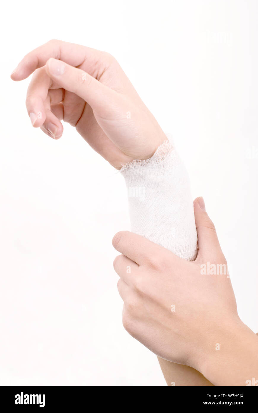 hand with white bandaje, isolated on white, emergency Stock Photo - Alamy