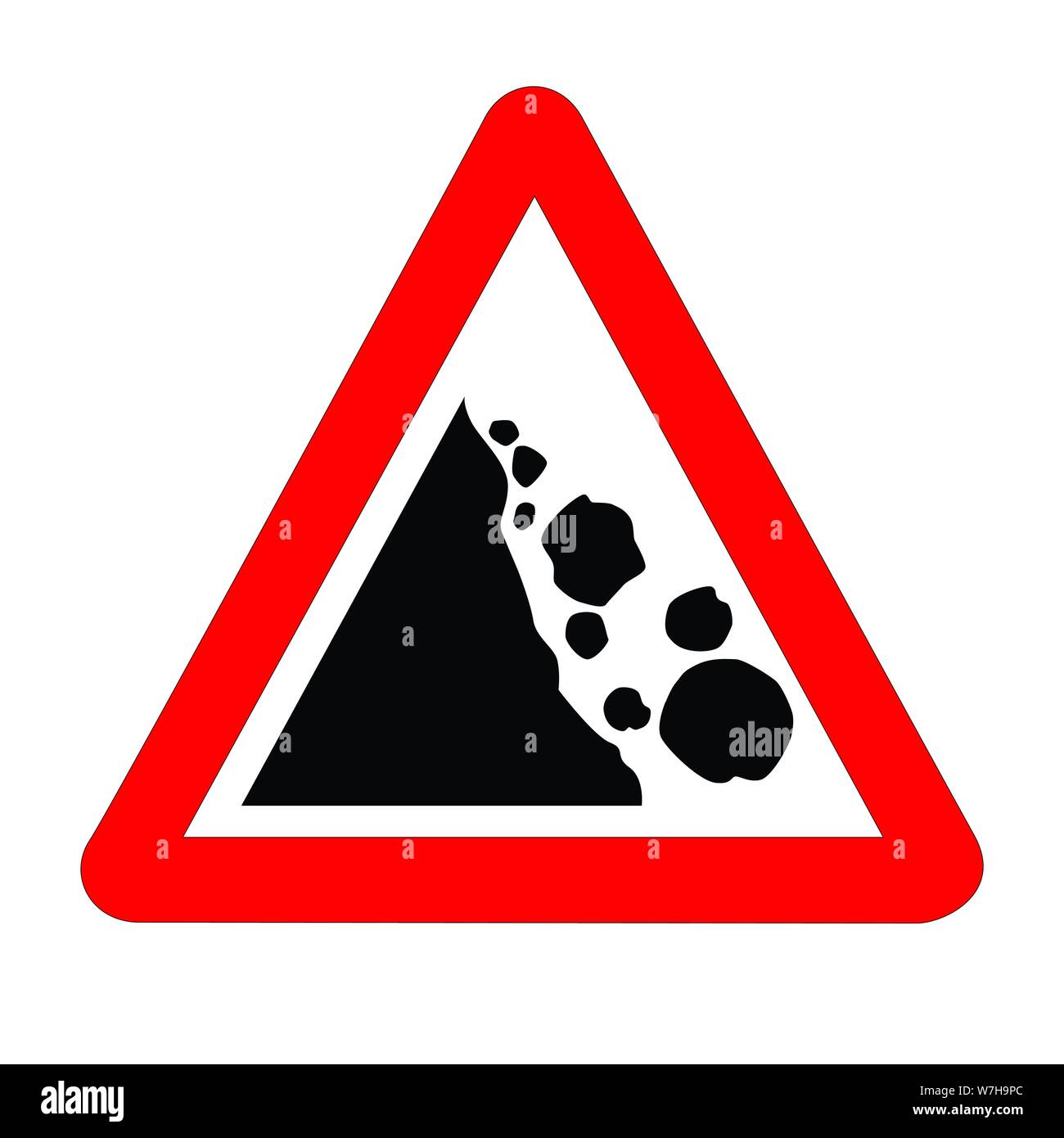The traditional 'DANGER FALLING ROCKS' triangle, traffic sign isolated on a white background ...