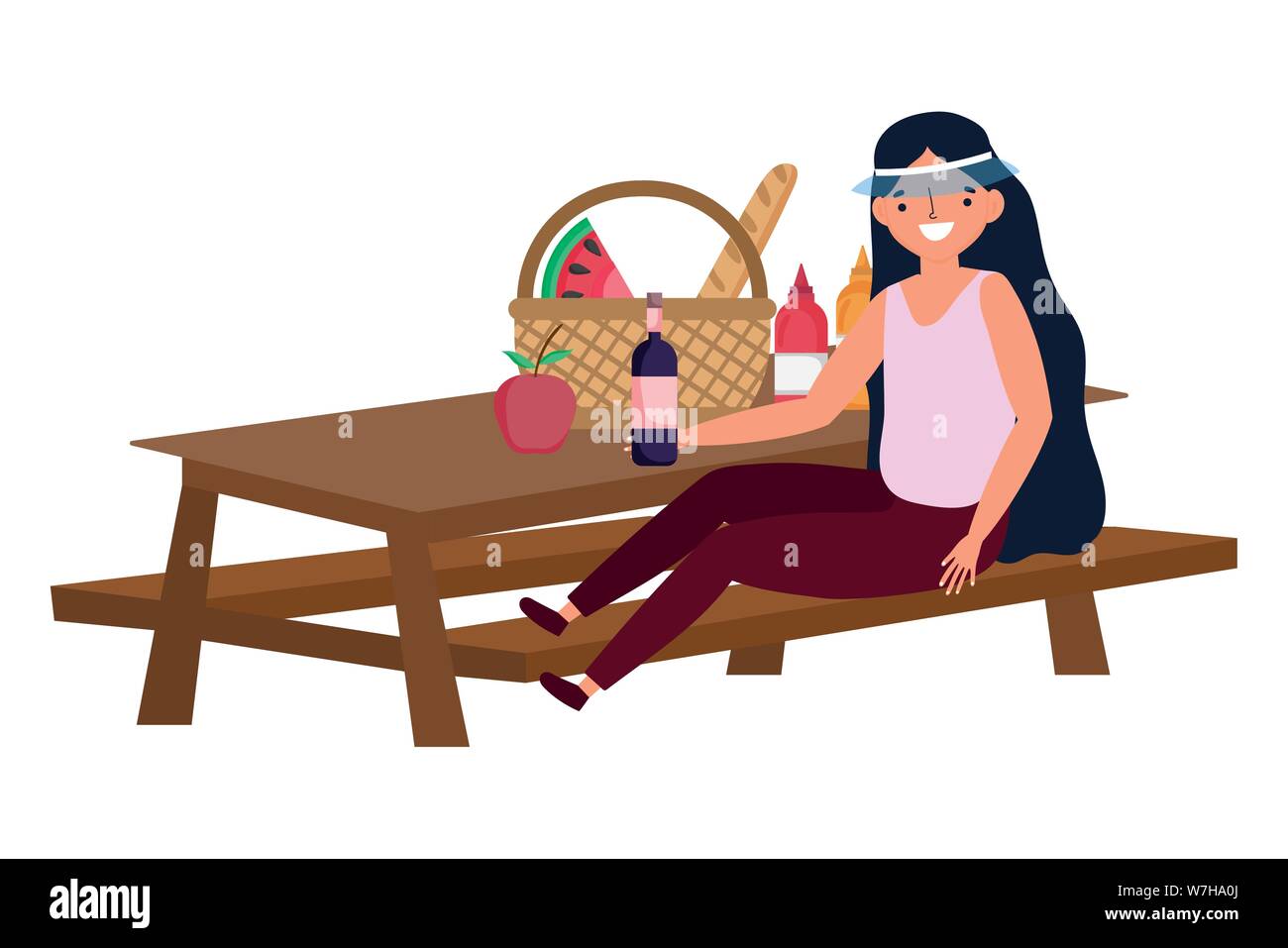 Woman cartoon having picnic design, Food summer outdoor leisure healthy ...