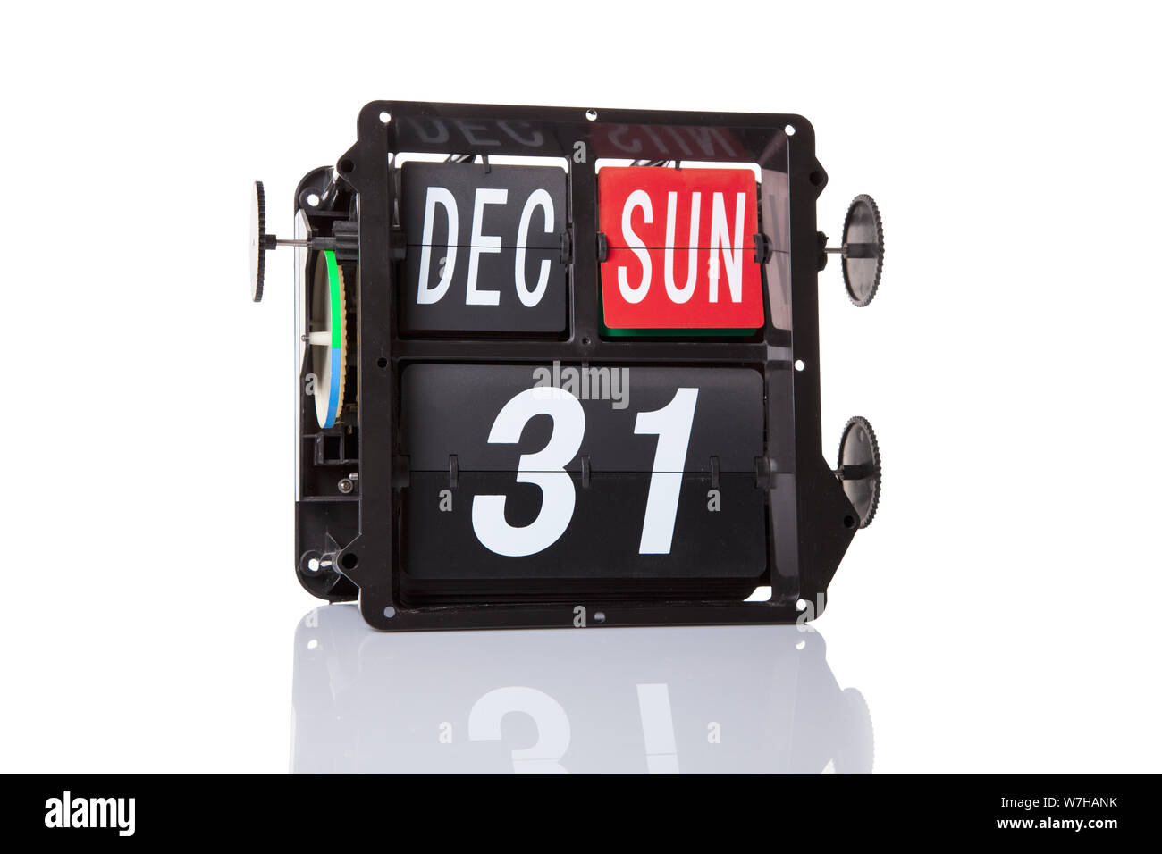 The mechanical calendar retro date 31 December, 2017 on a white ...