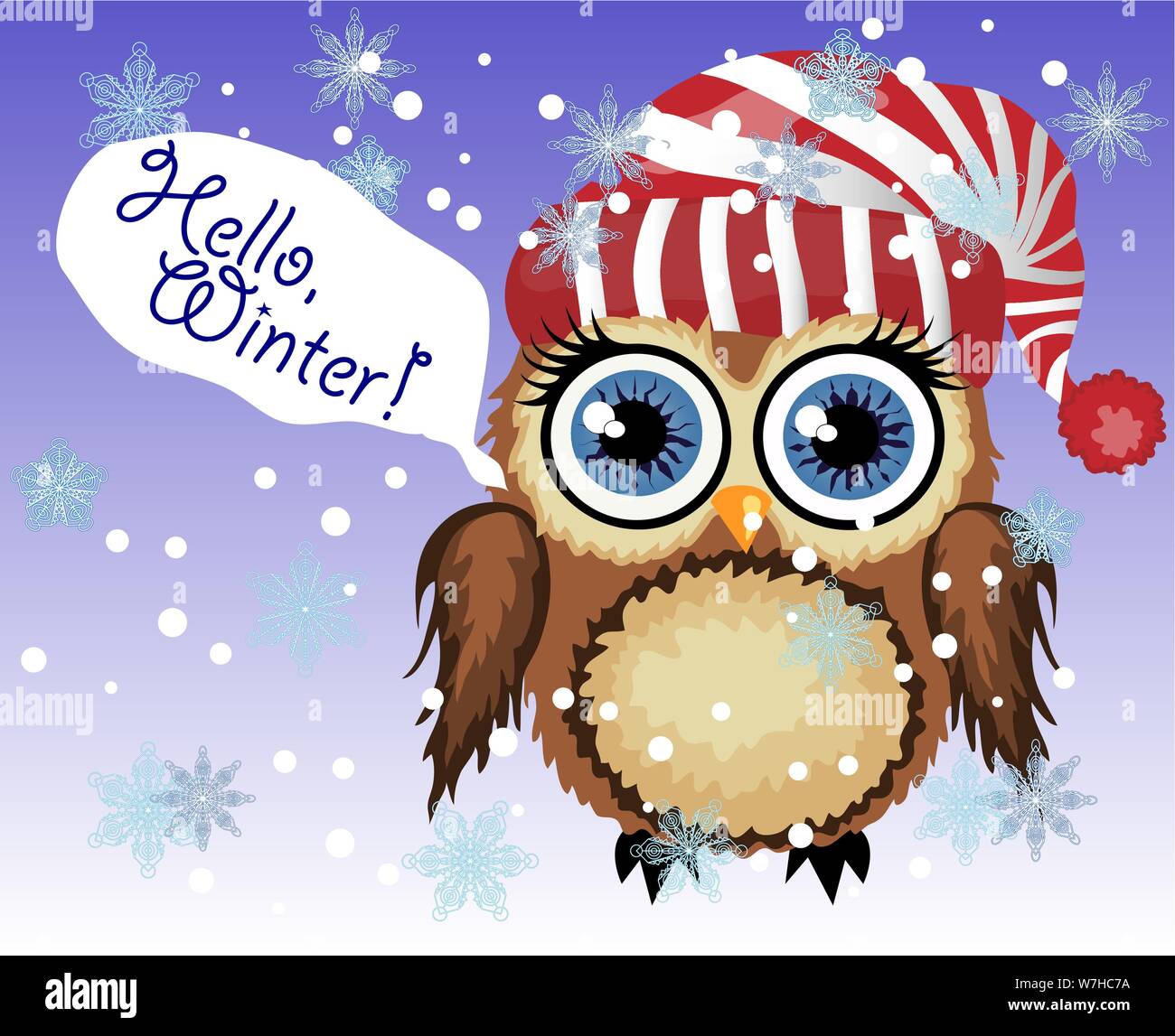 little cute owl fluffy, in a red striped hat says Hello winter Stock ...