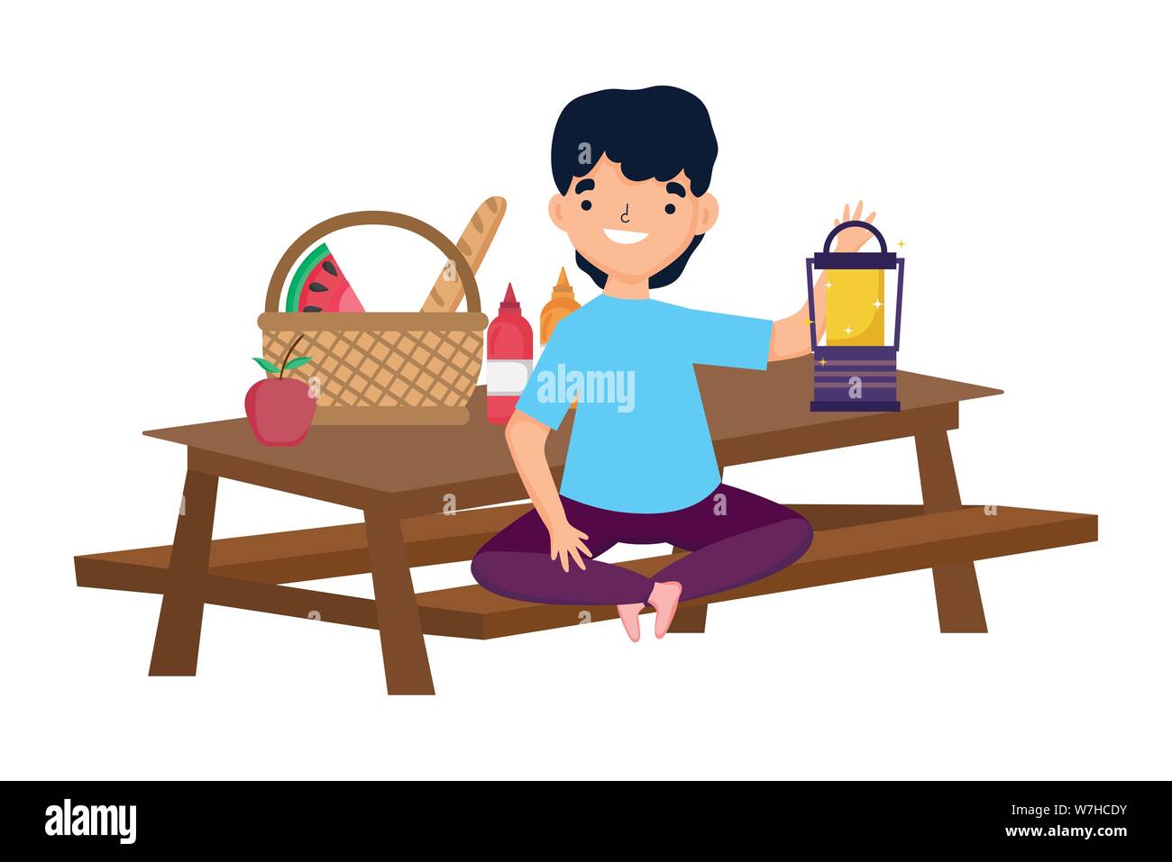Man cartoon having picnic design, Food summer outdoor leisure healthy ...