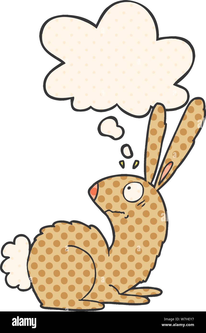 cartoon startled bunny rabbit with thought bubble in comic book style ...