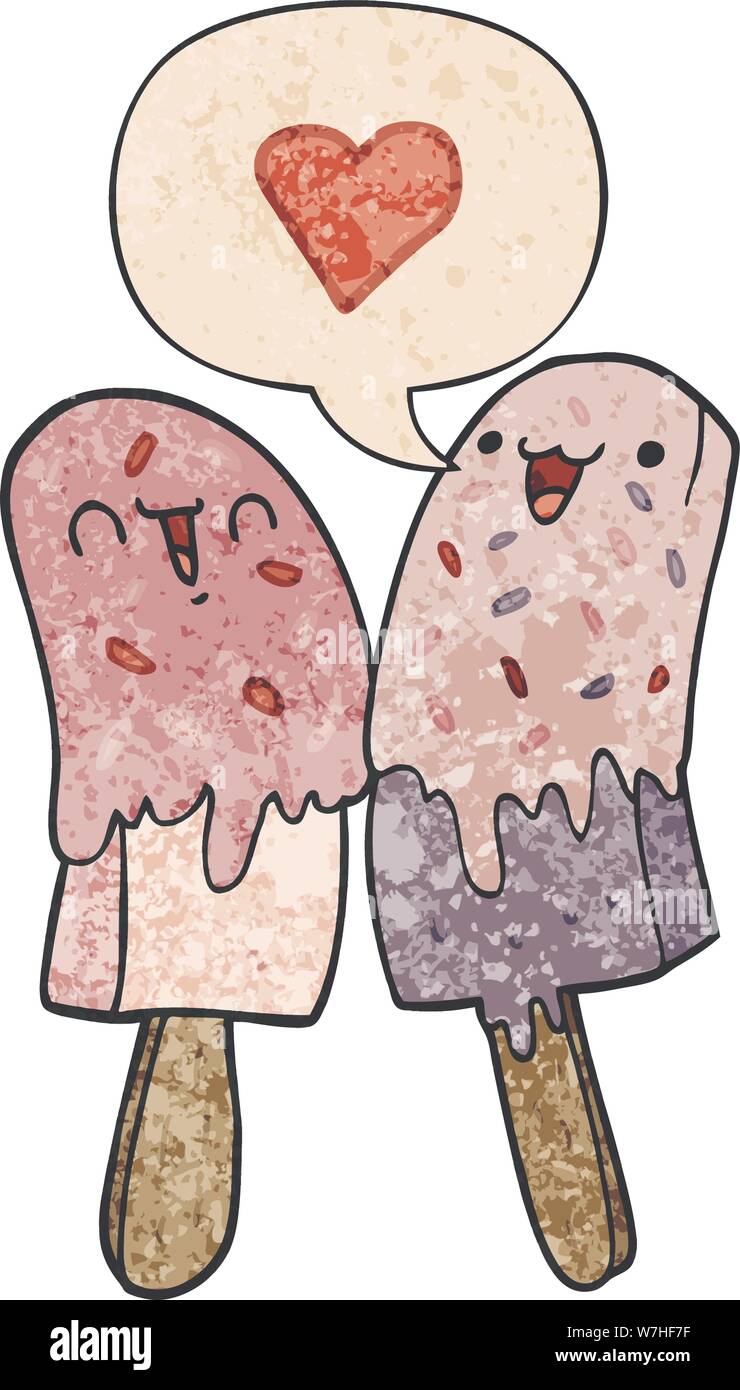 cartoon ice lolly in love with speech bubble in retro texture style ...