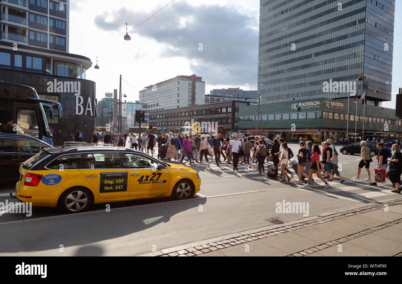 Copenhagen traffic - crowded street scene with cars and people in the ...