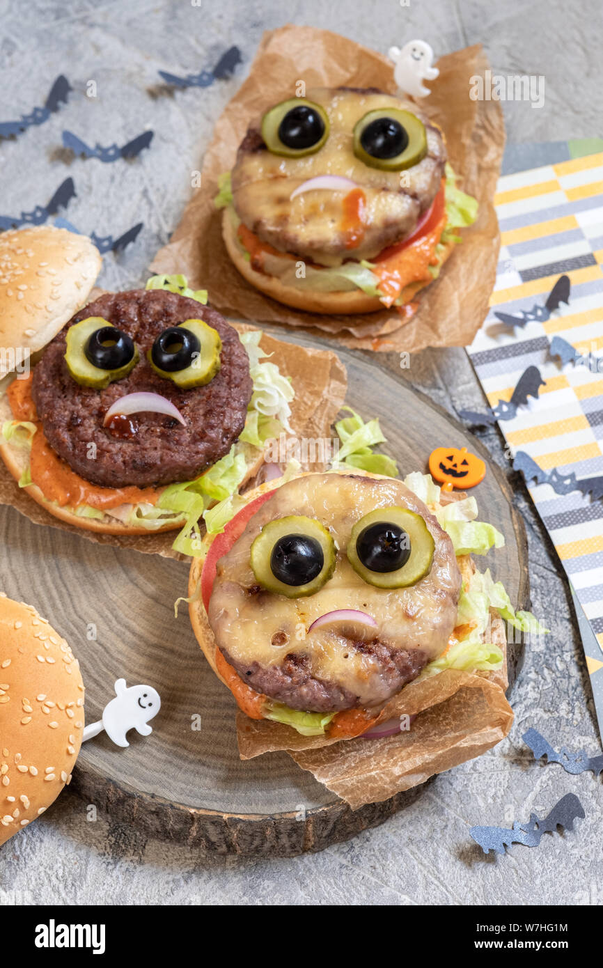 Spooky burger monster and cheesburger mummy for Halloween Stock Photo ...