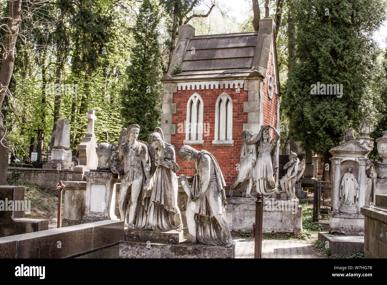 Lviv, Ukraine - April 26, 2019: Statues and tombstones at the Lychakiv ...