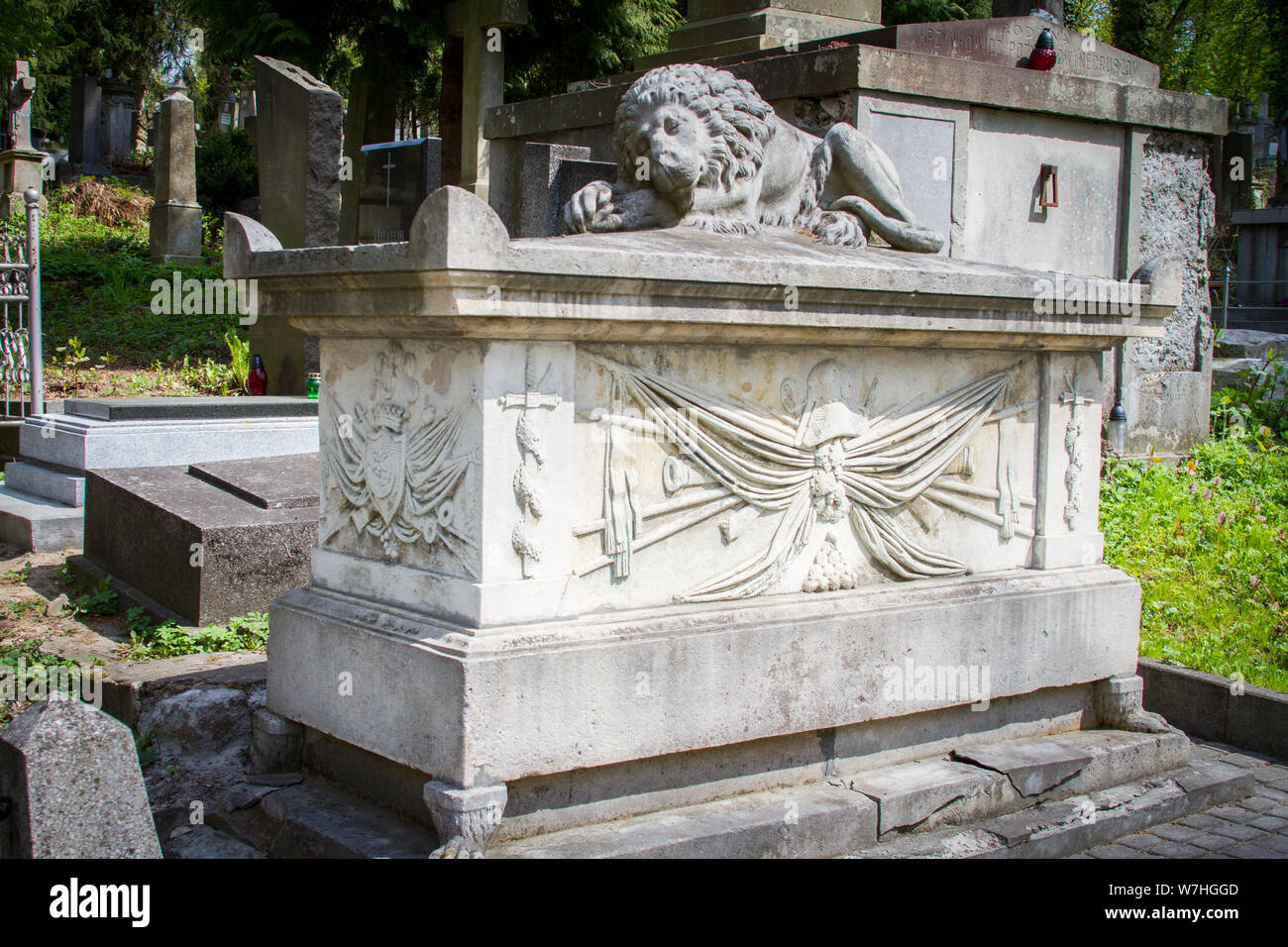 Lviv, Ukraine - April 26, 2019: Statues and tombstones at the Lychakiv ...