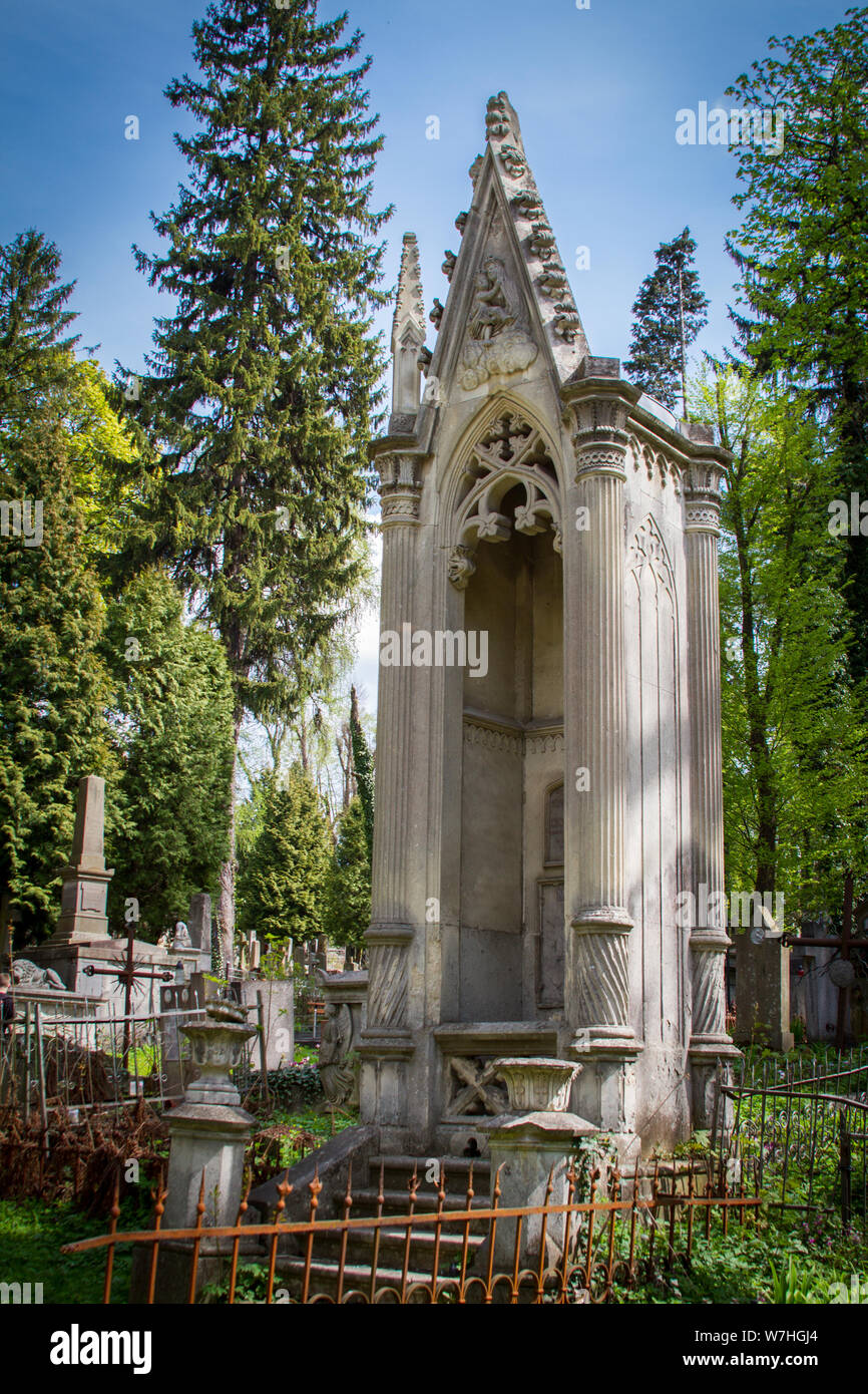 Lviv, Ukraine - April 26, 2019: Statues and tombstones at the Lychakiv ...