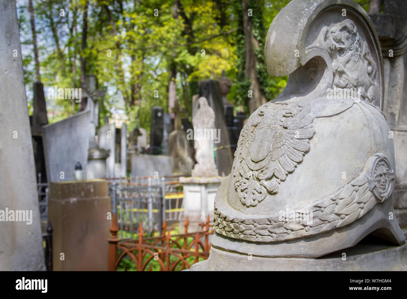 Lviv, Ukraine - April 26, 2019: Statues and tombstones at the Lychakiv ...