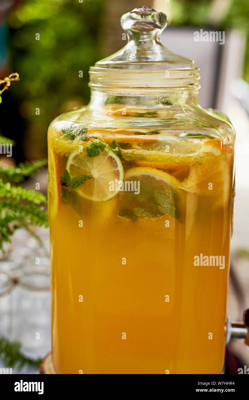 Refreshing lemonade in a steamed-up can. Picnic, catering at the event ...