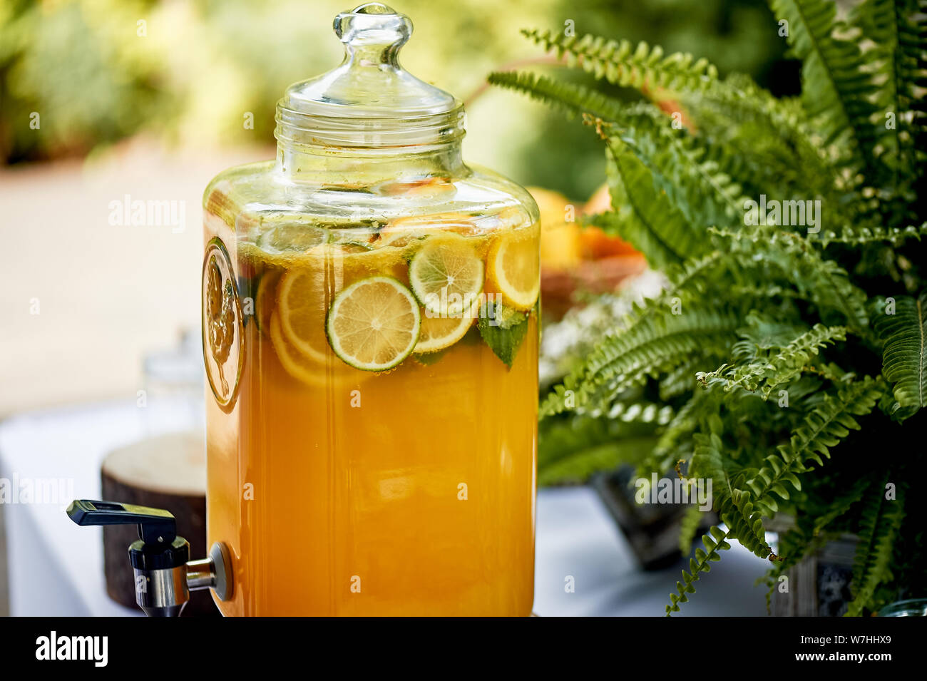 Refreshing lemonade in a steamed-up can. Picnic, catering at the event ...