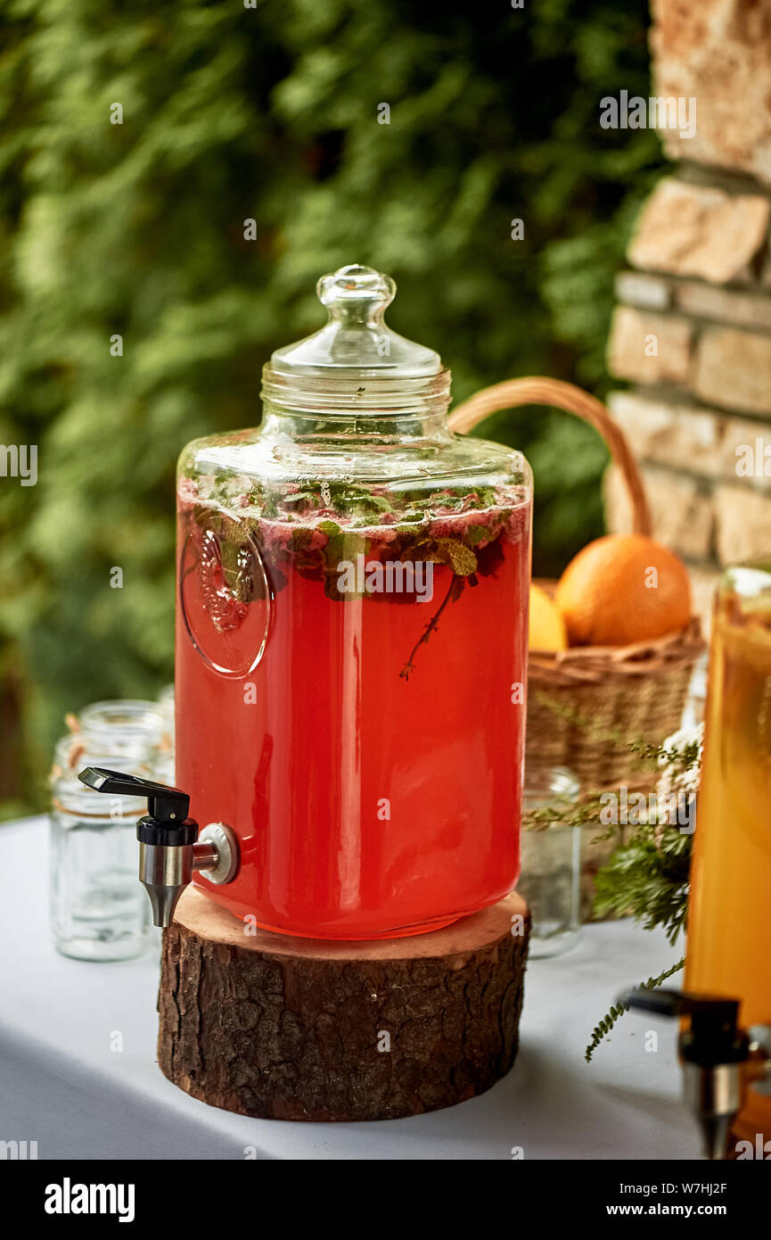 Refreshing lemonade in a steamed-up can. Picnic, catering at the event ...