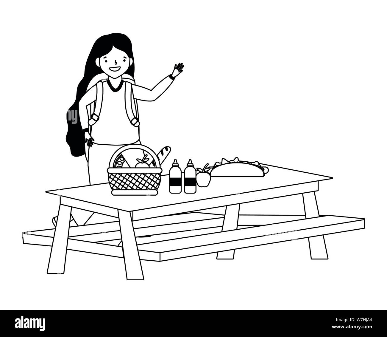 Woman cartoon having picnic design, Food summer outdoor leisure healthy ...