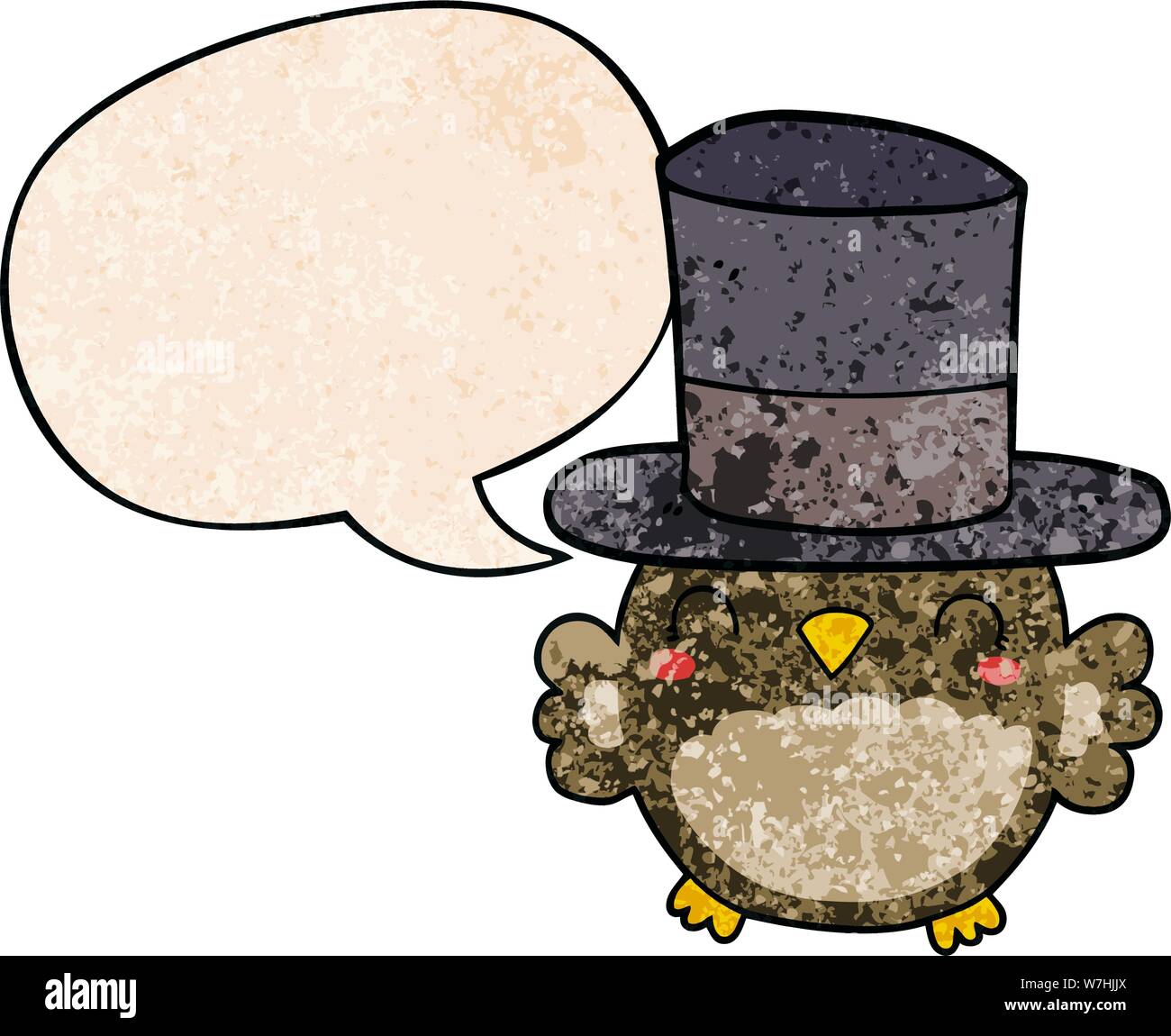 cartoon owl wearing top hat with speech bubble in retro texture style ...