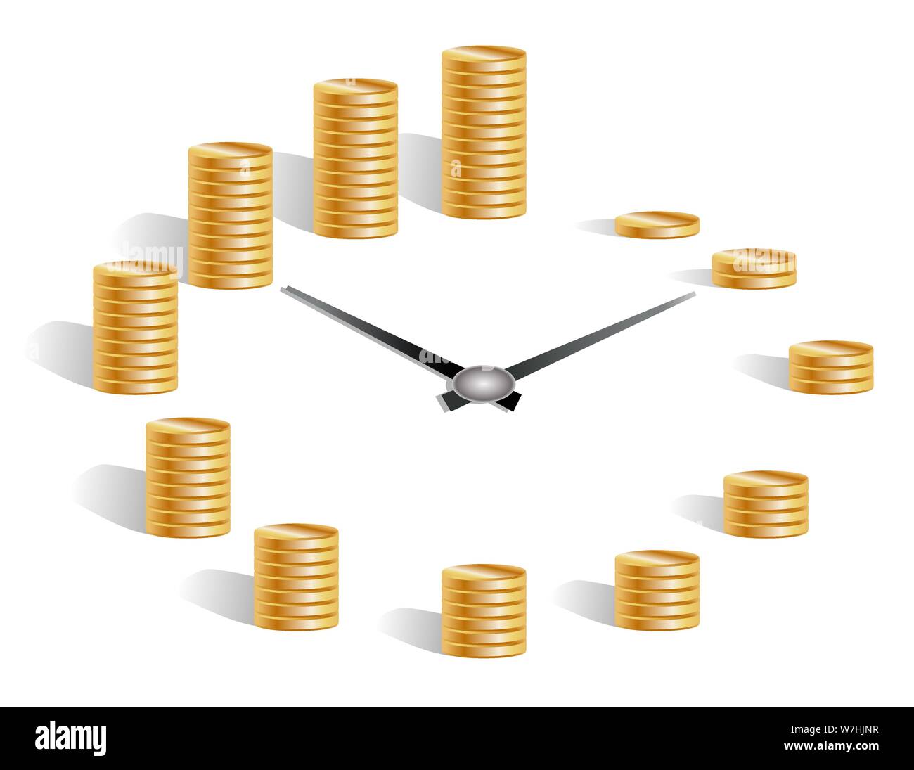 Concept time is money, dial, clock hands, around the pile of gold coins ...
