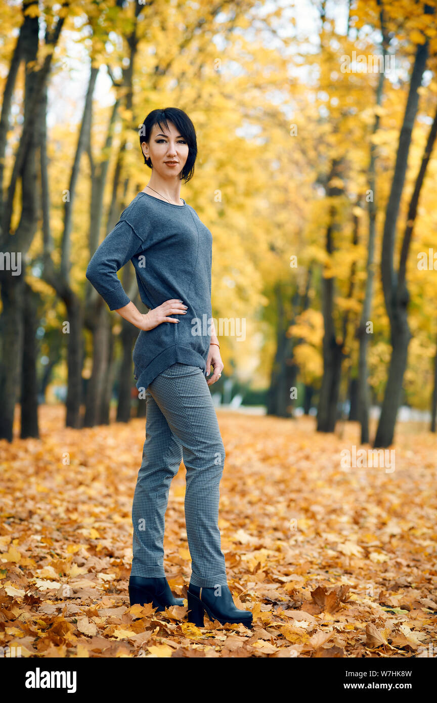 Beautiful woman posing in autumn city park, fall season, yellow leaves ...