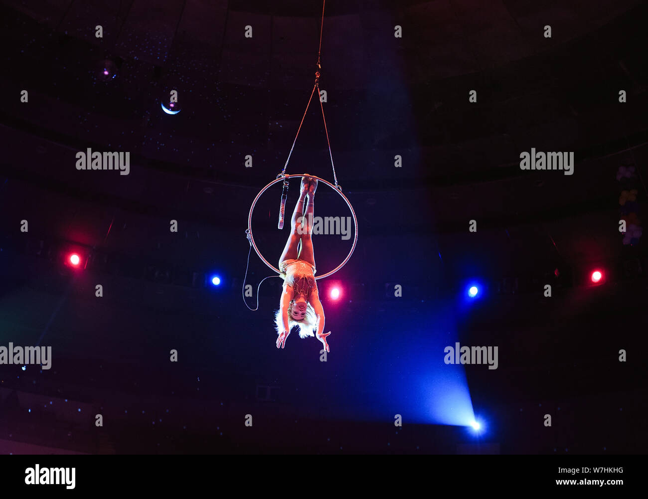 Aerial acrobat in the ring. A young girl performs the acrobatic ...