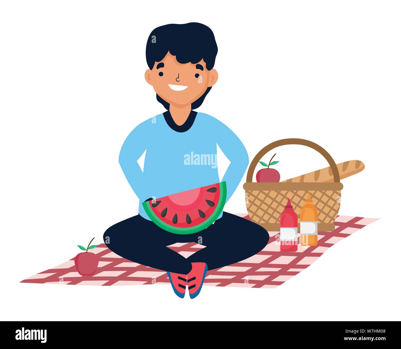 Man cartoon having picnic design, Food summer outdoor leisure healthy ...