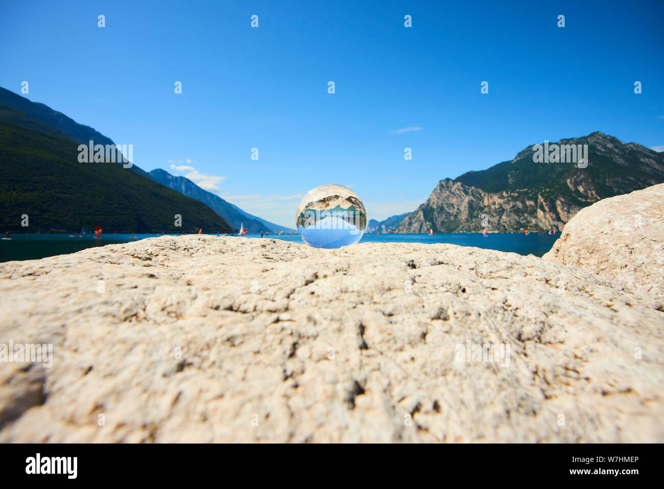Lake Garda (Lago di Garda or Lago Benaco) seen through a glass crystal ...