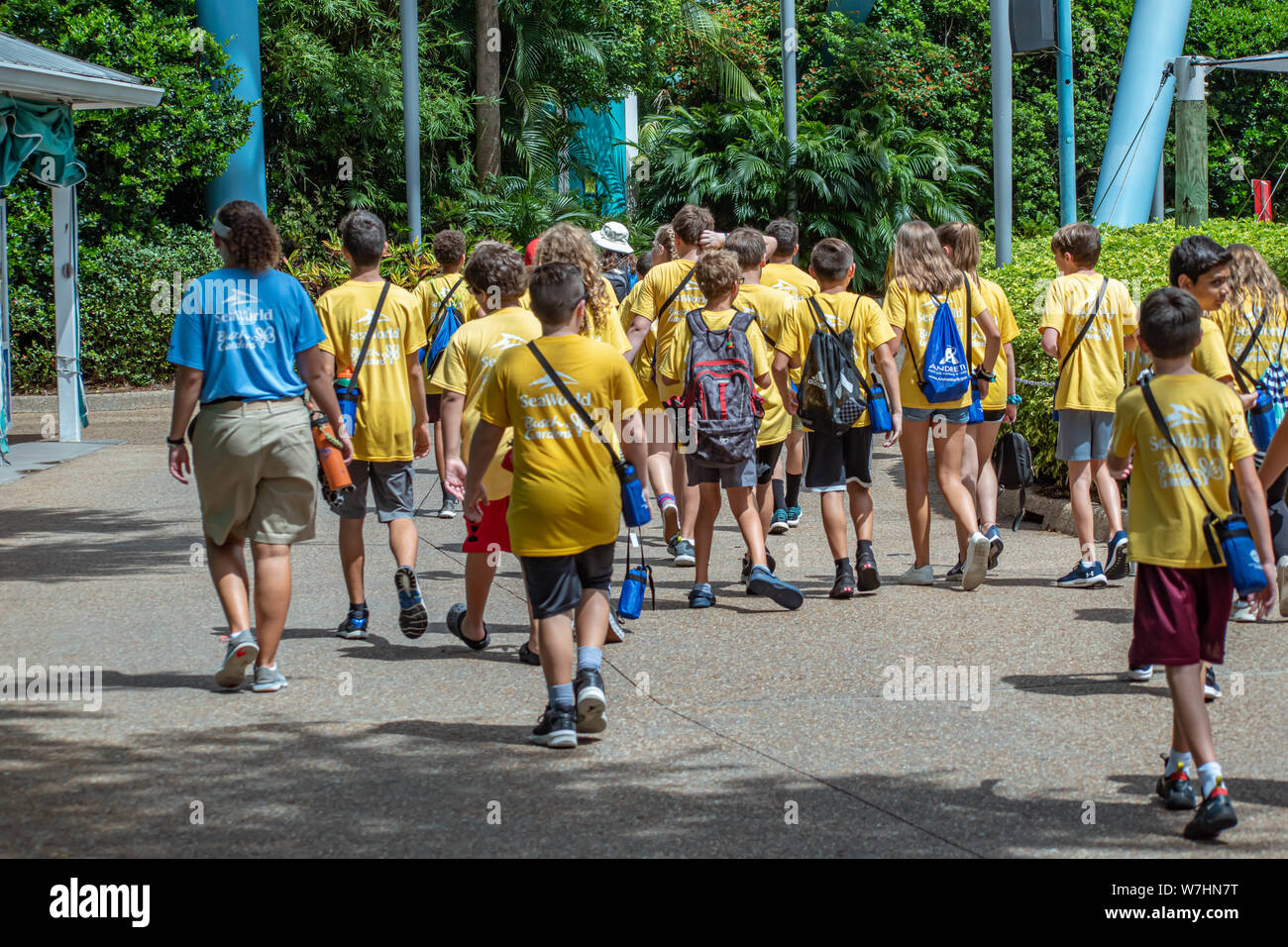 Orlando, Florida. July 26, 2019. Kids of summer vacations camp walking ...