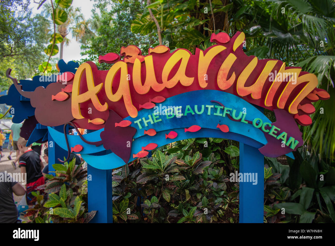 Orlando, Florida. July 26, 2019. Colorful Aquarium sign at Seaworld ...
