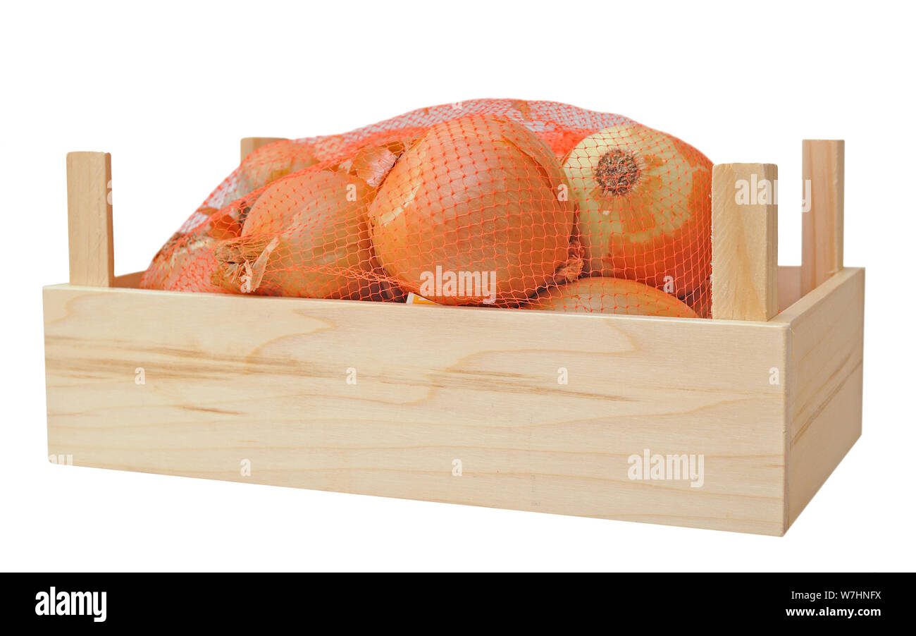 ripe onion in crate isolated on white background Stock Photo - Alamy