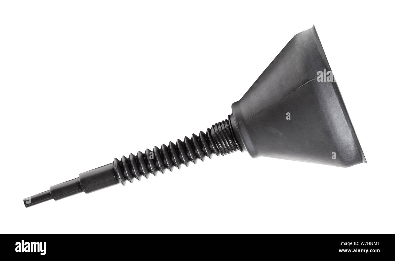side view of wide black plastic funnel with flexible spout isolated on ...