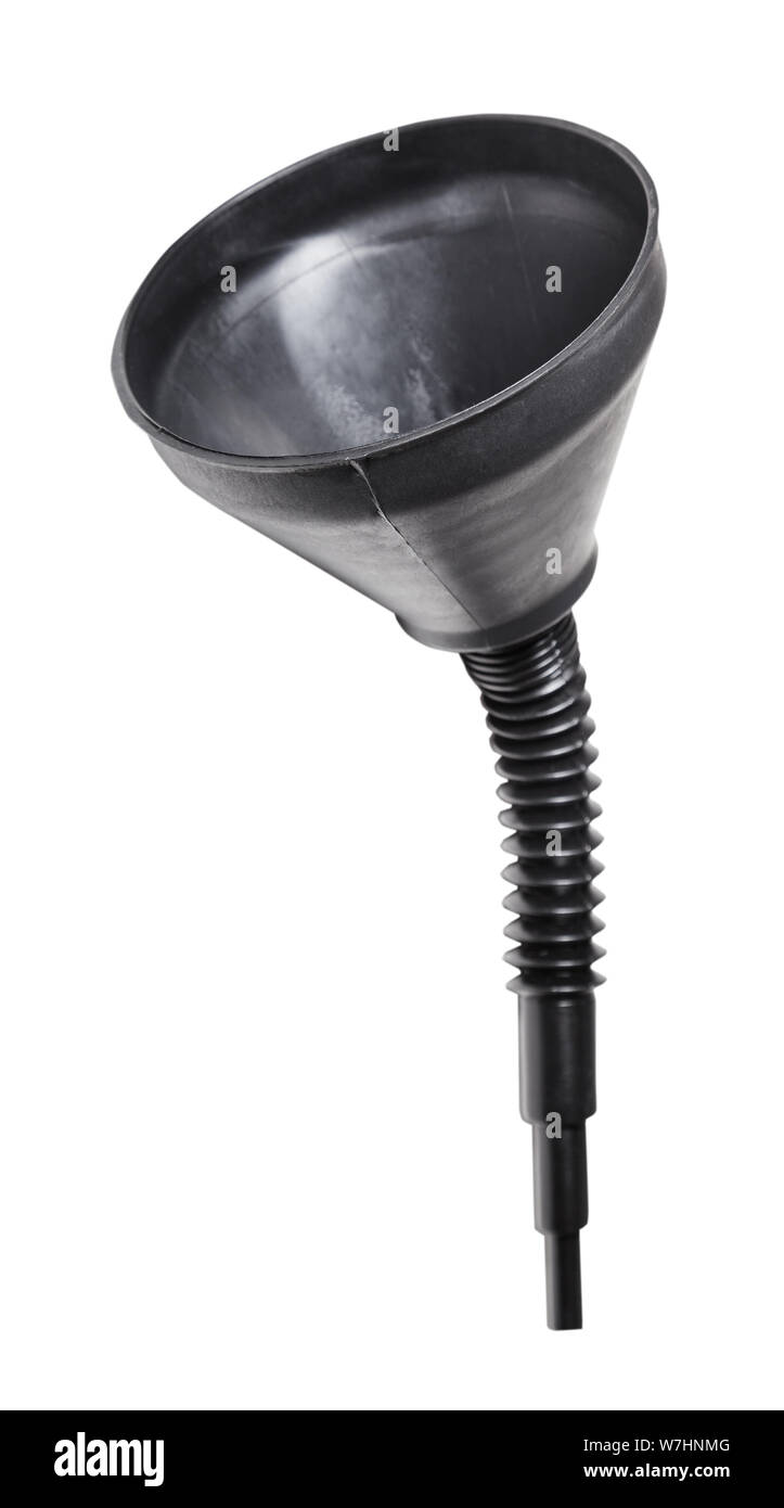 wide black plastic funnel with bended spout isolated on white ...