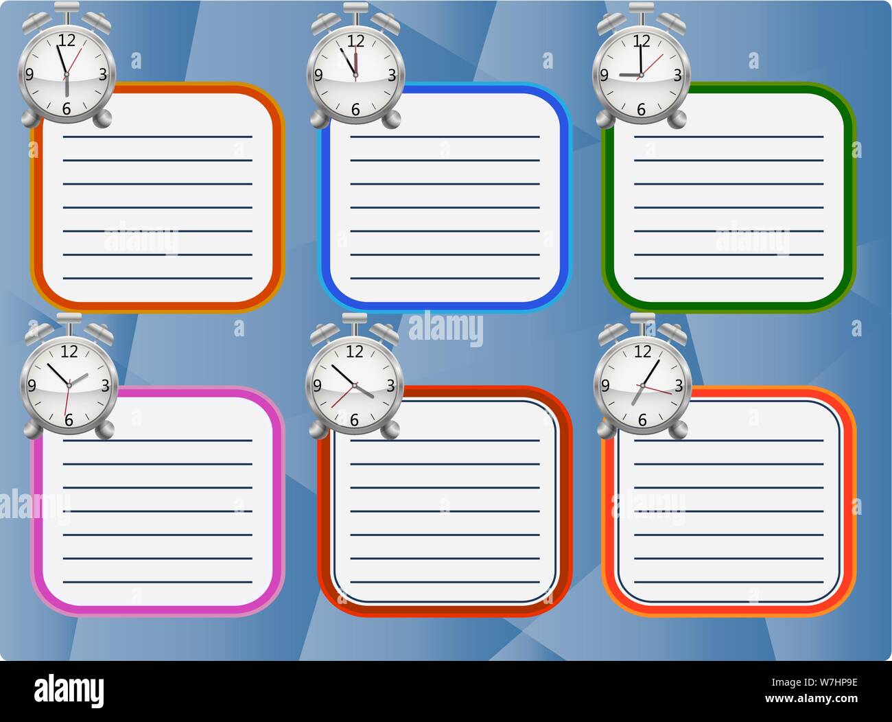 School timetable for six days with alarms showing different times on a ...
