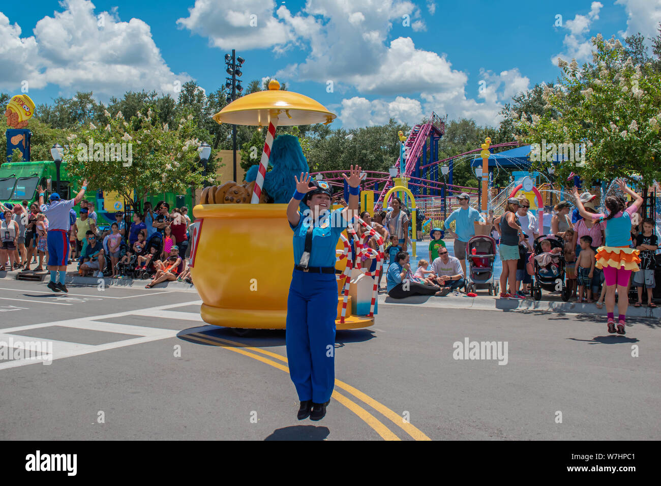 Orlando, Florida. July 30, 2019. Police woman jumping in Sesame Street ...