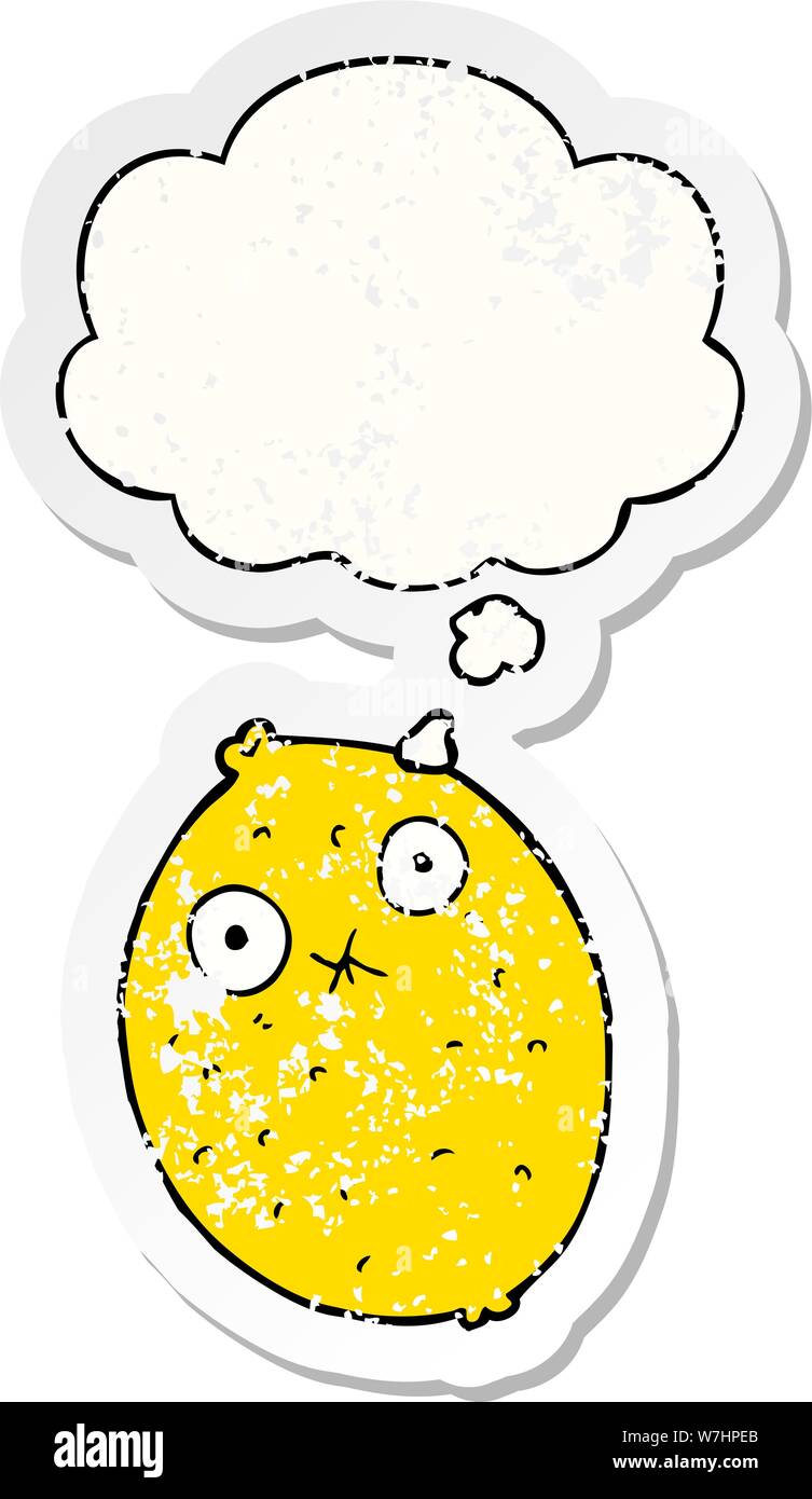 cartoon bitter lemon with thought bubble as a distressed worn sticker ...