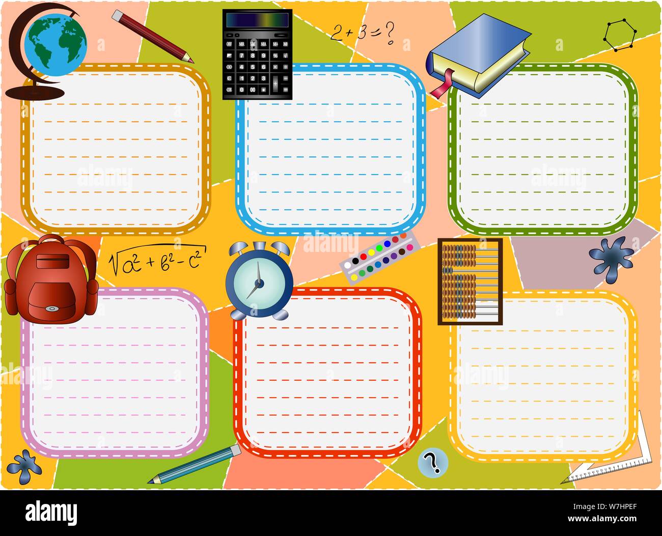 School timetable for six days with school supplies on a multi-colored ...