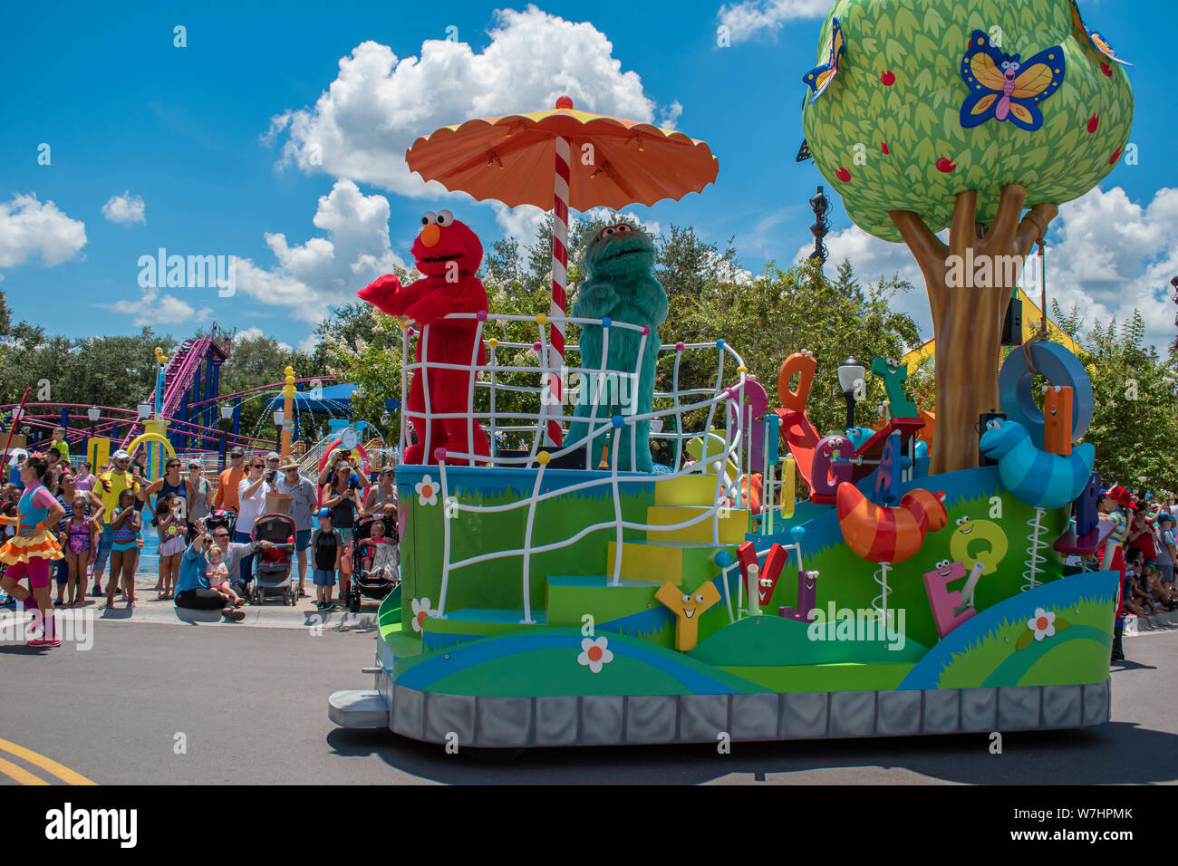 Orlando, Florida. July 30, 2019. Elmo and Rosita in Sesame Street Party ...