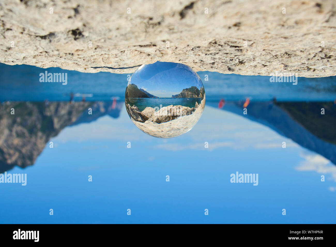 Lake Garda (Lago di Garda or Lago Benaco) seen through a glass crystal ...