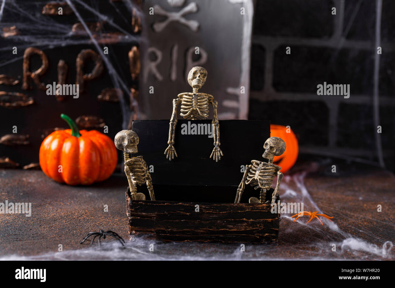 Halloween background with skeletons and tomb Stock Photo - Alamy