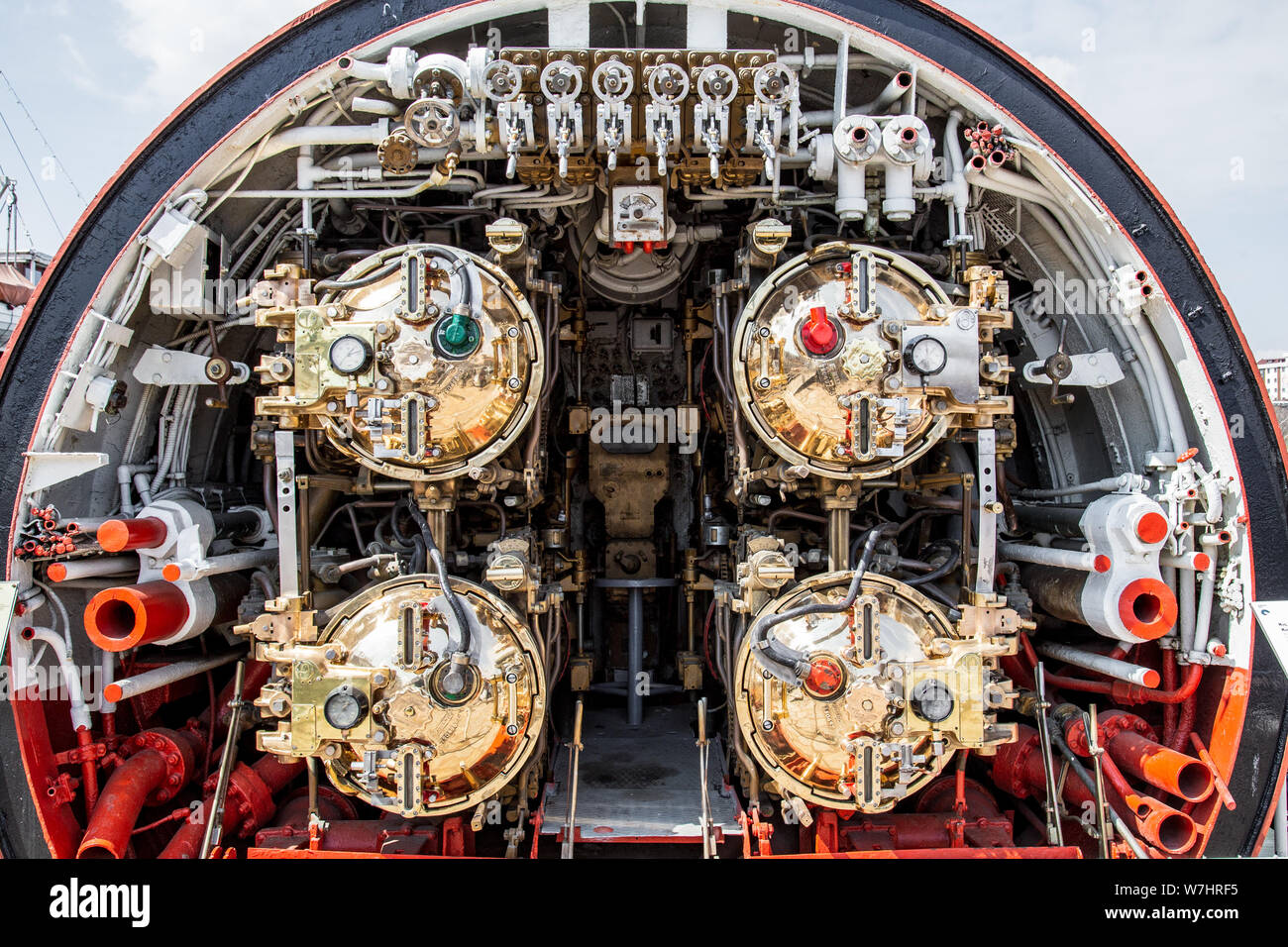 Istanbul, Turkey, 23 March 2019: Torpedo room on a combat submarine ...