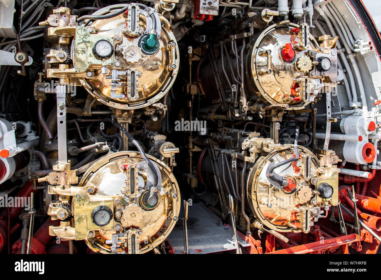 Istanbul, Turkey, 23 March 2019: Torpedo room on a combat submarine ...