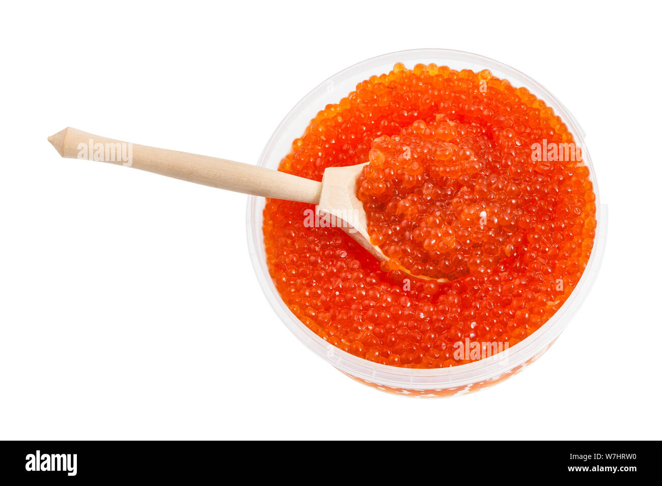 top view of plastic container with salted russian red roe of pink ...